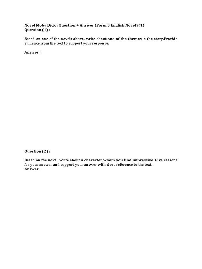 Novel Moby Dick: Question + Answer (Form 3 English Novel) (1) Question ...