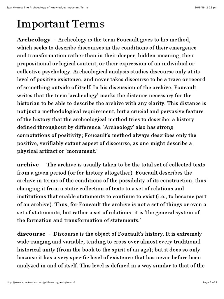 SparkNotes: The Archaeology of Knowledge: Important Terms | PDF ...