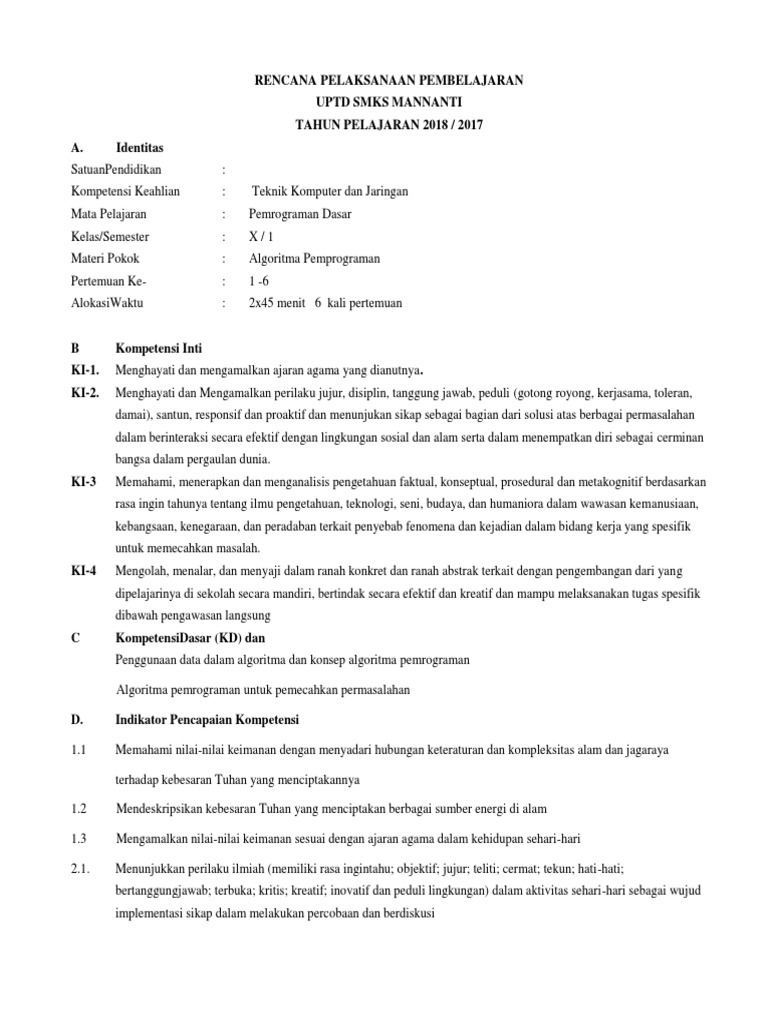 RPP Program Dasar TKJ Semester 1 Kelas 10 | PDF