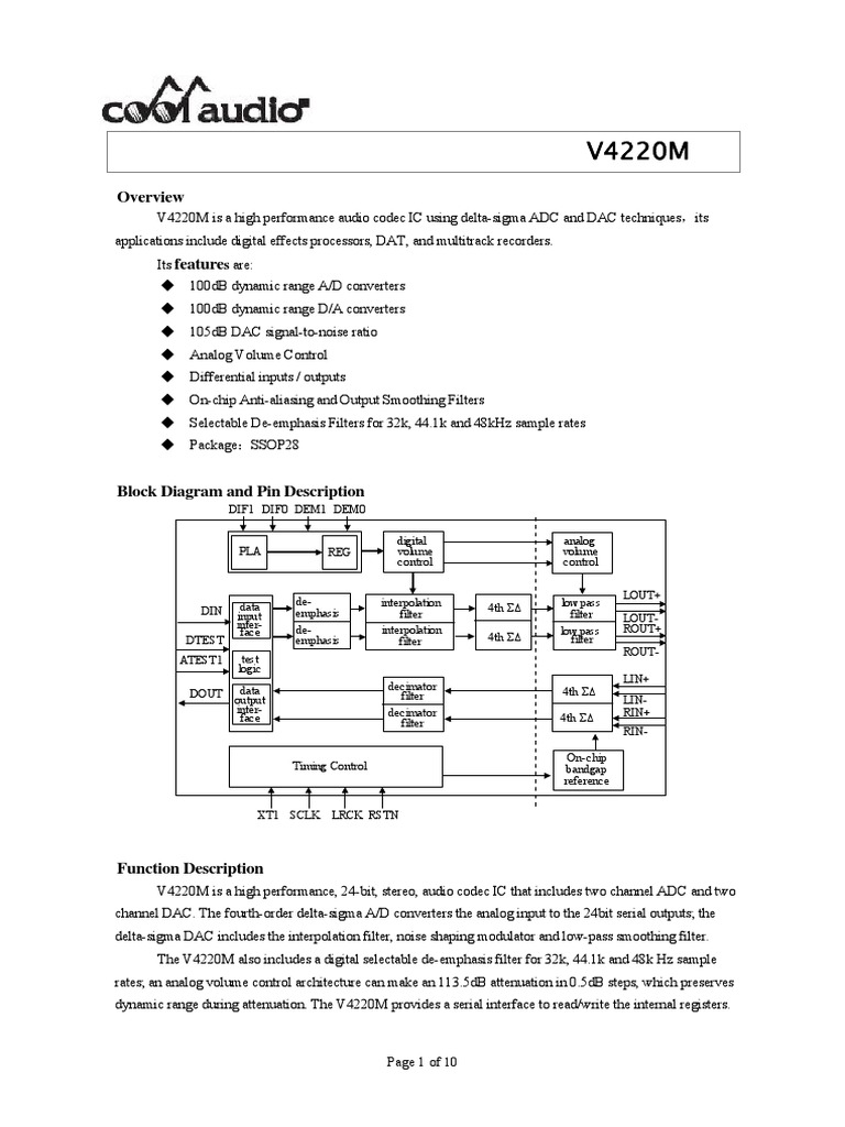Coolaudio V4220M Datasheet | PDF | Analog To Digital Converter ...