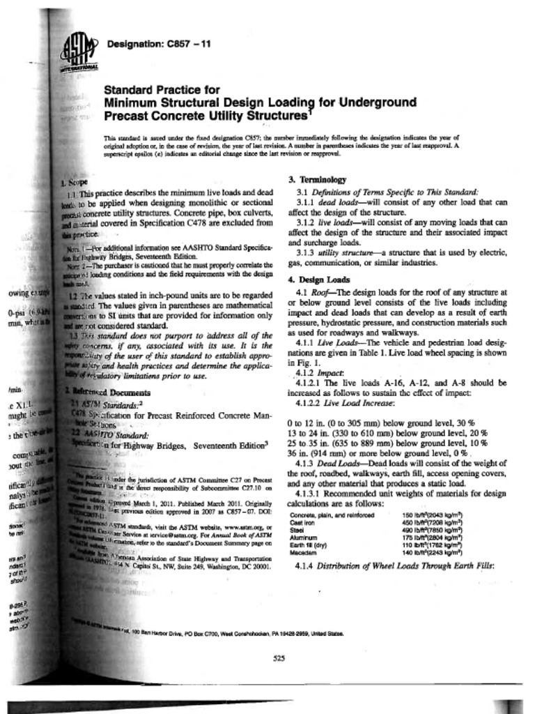 ASTM C857 Minimum Design Loading For Underground Precast Concrete Utility Structures PDF | PDF