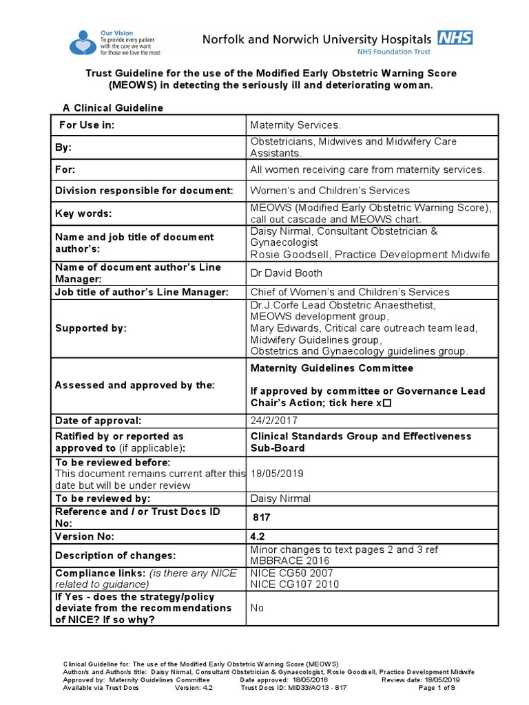 Modified Early Obstetric Warning Score MEOWS MID33 AO13 v4.2 | Midwife ...