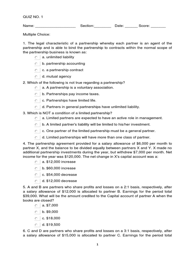 Sample Quiz Partnership and Corporation | PDF | Debits And Credits ...