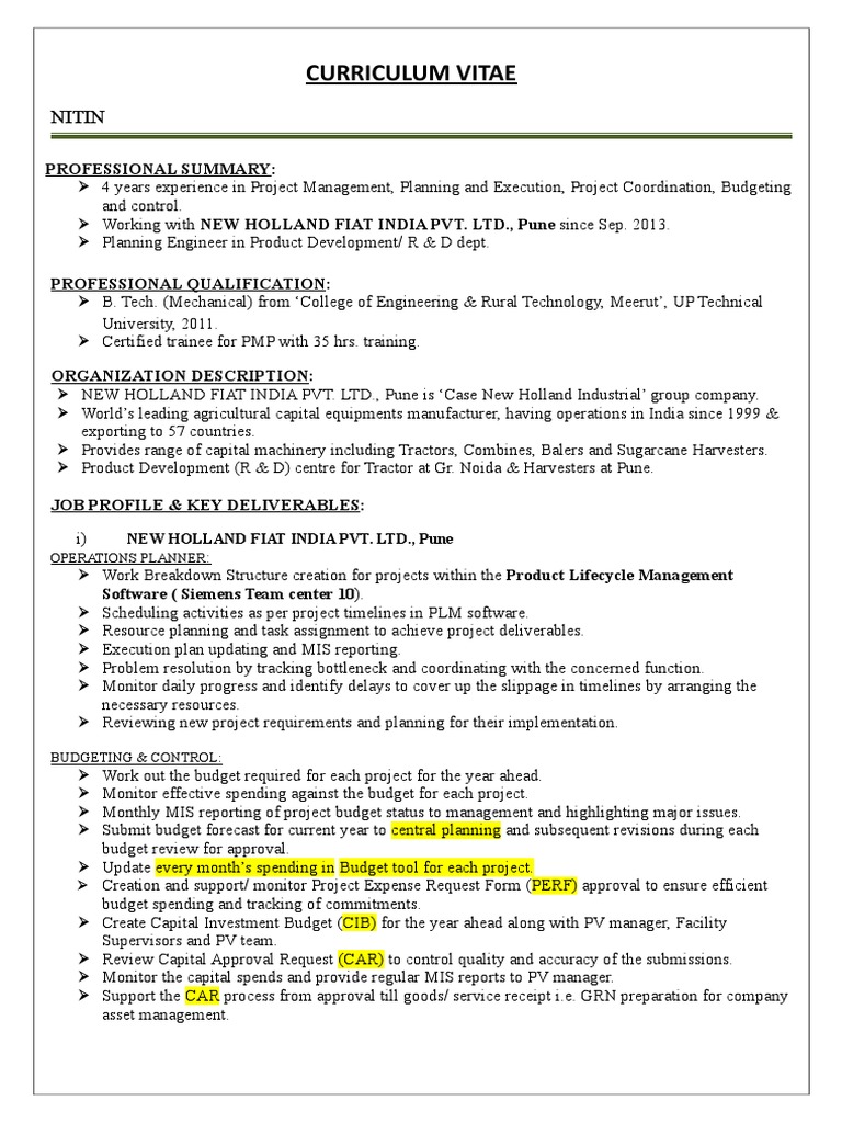 Curriculum Vitae: Nitin | PDF | Specification (Technical Standard) | Project Management