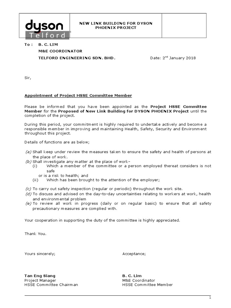 Appointment Letter for HSSE Committee Member | PDF