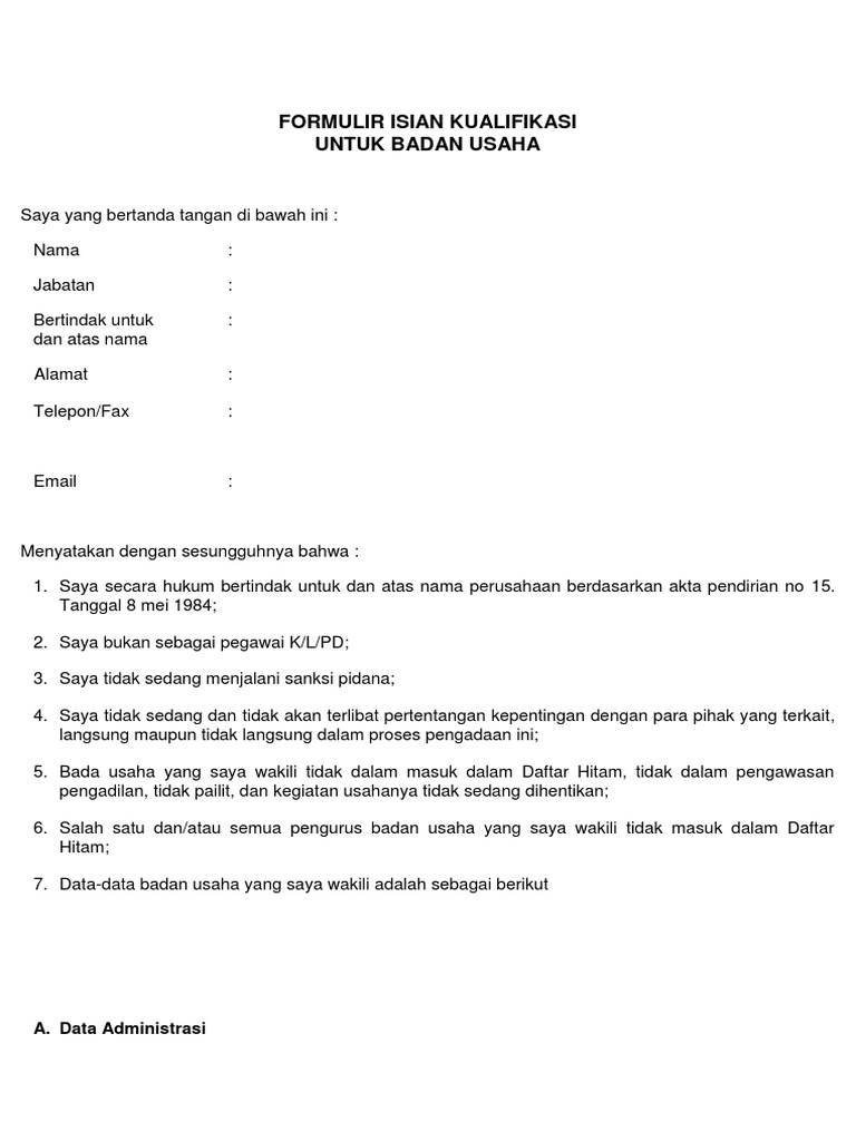 Formulir Kualifikasi Badan Usaha | PDF