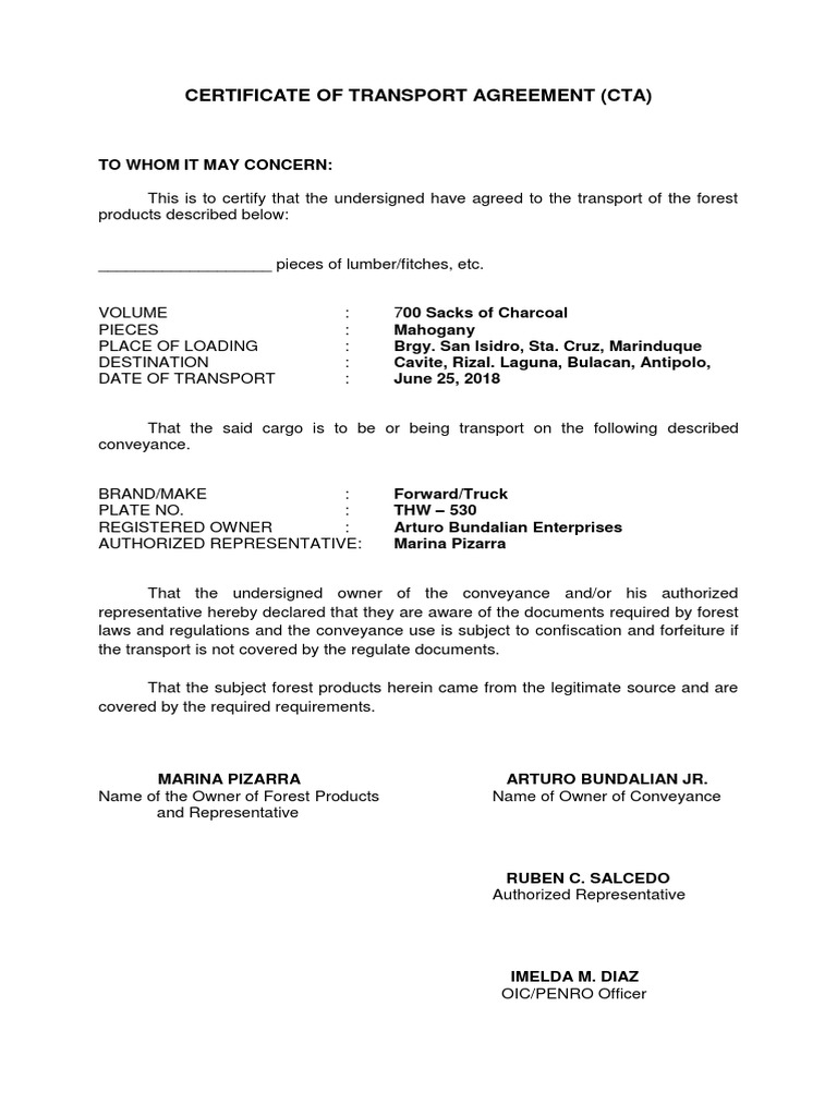 Certificate of Transport Agree | PDF | Services (Economics) | Trade