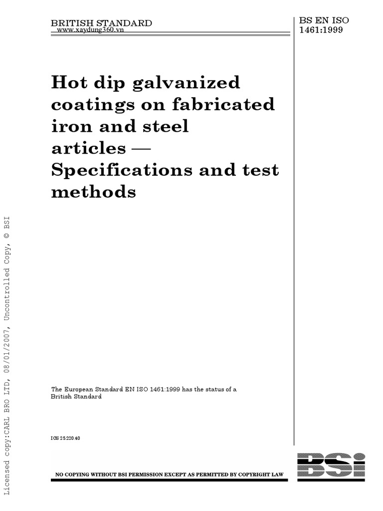 BS en ISO 1461-1999-Hot Dip Galvanized Coatings On Fabricated Iron and Steel Art | PDF ...