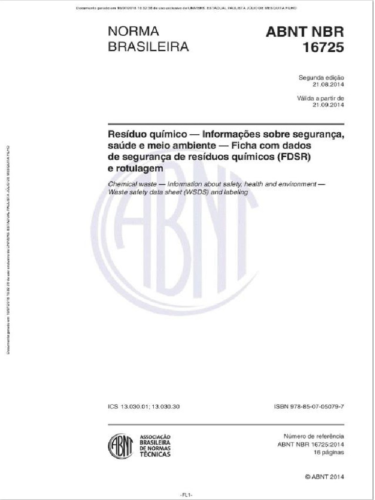 Nbr 16725 2014 Residuo Quimico Informacoes Seguranca Saude Meio ...