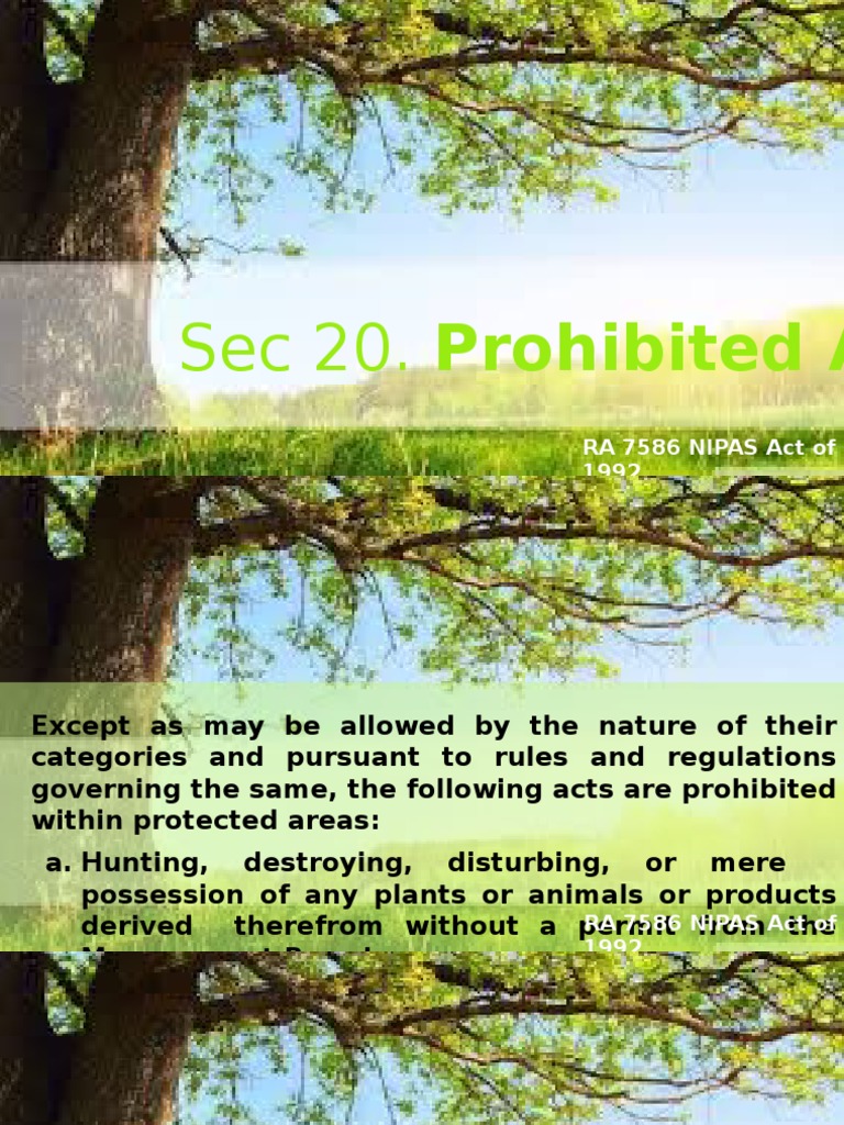 Sec 20. Prohibited Acts: RA 7586 NIPAS Act of 1992 | PDF | Crime ...