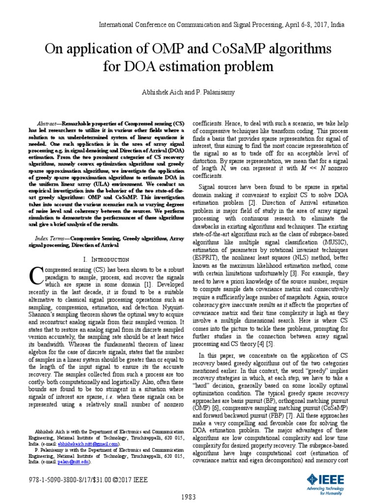 On Application of Omp and Cosamp Algorithms For Doa Estimation Problem ...