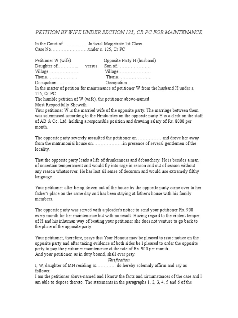 Petition by Wife Under Section 125, CR PC For Maintenance-Marriage Act ...