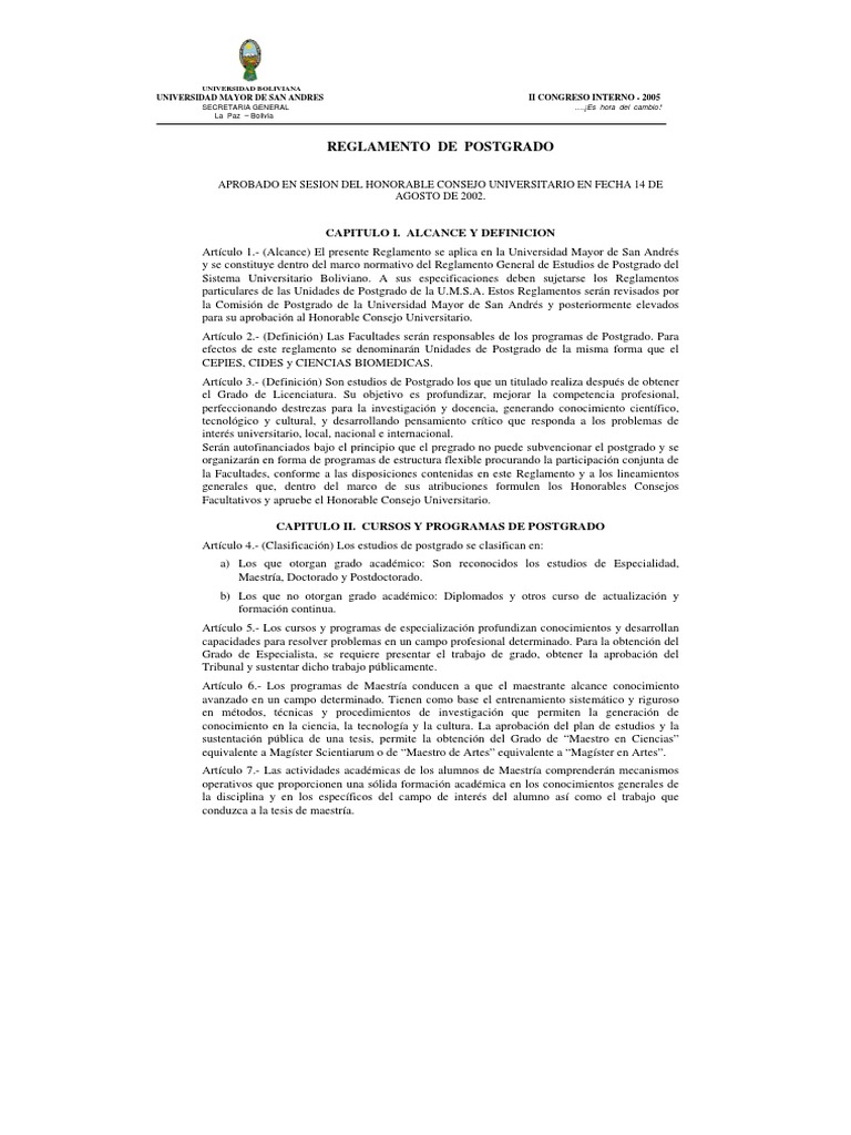 Reglamento de Postgrado Umsa | PDF | Titulo academico | Doctorado