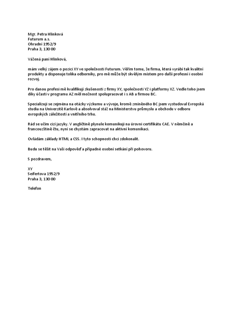 Motivační dopis ukázka