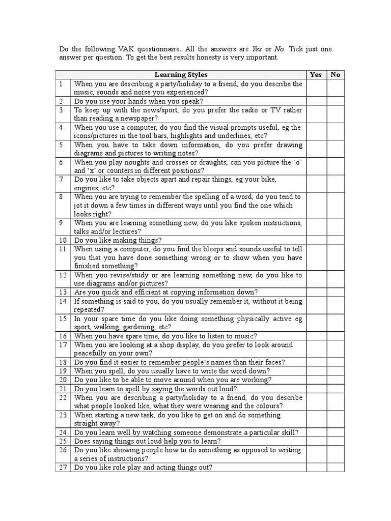 VAK Questionnaire | PDF | Learning Styles | Psychological Concepts