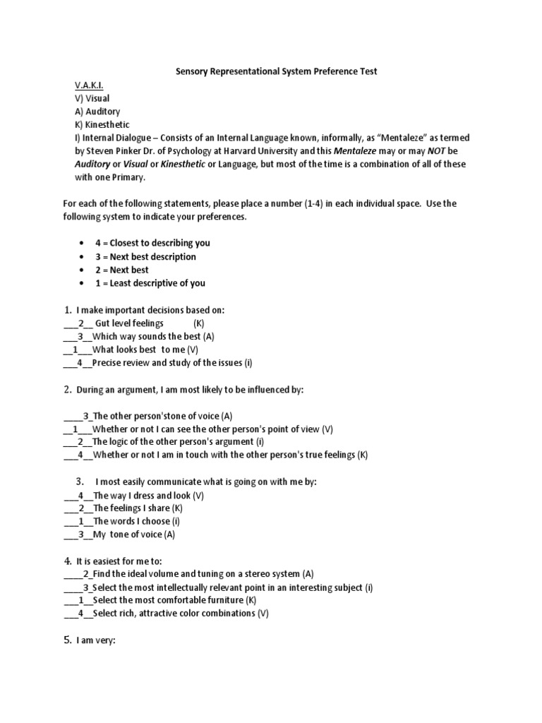 Representational System Preference Test | PDF | Argument | Perception
