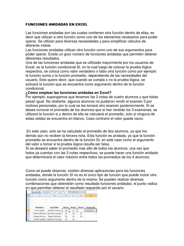 Funciones Anidadas en Excel | PDF | Microsoft Excel | Función (Matemáticas)