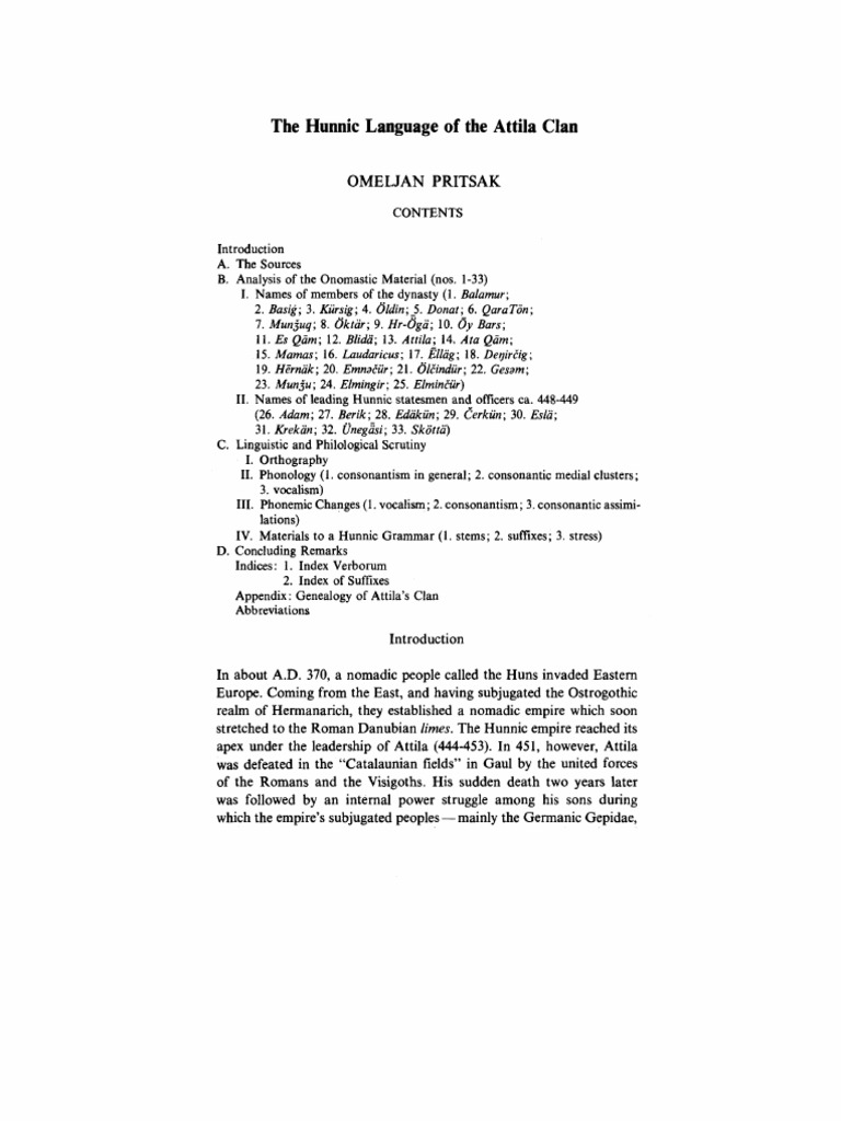 Pritsak O. - The Hunnic Language of The Attila Clan PDF | PDF | Huns ...