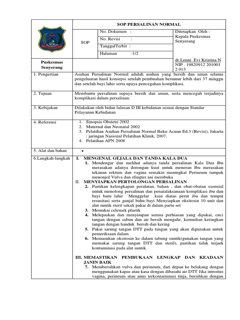 Sop Persalinan Normal | PDF
