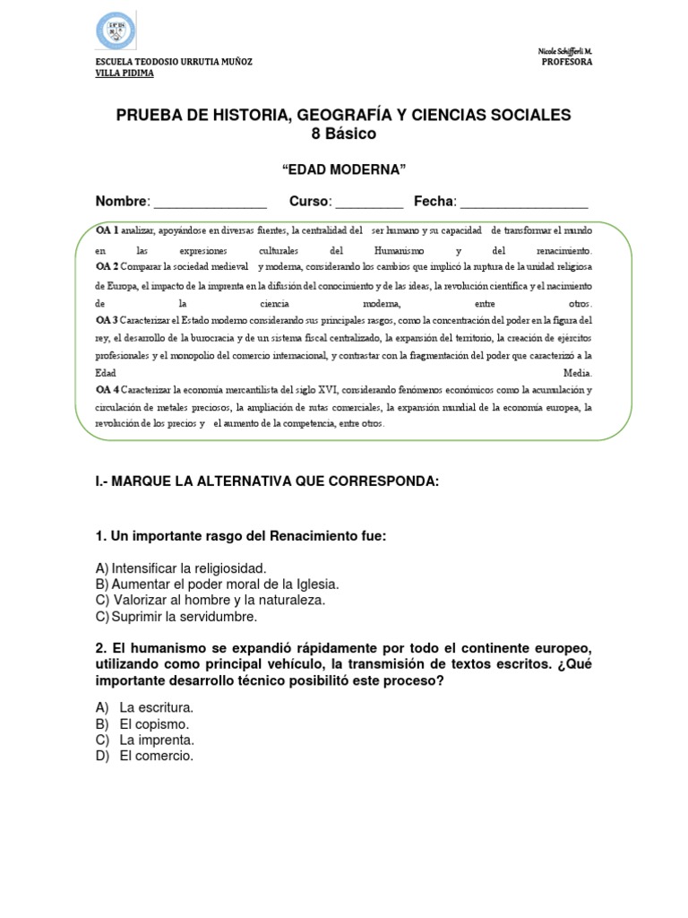 Prueba de Historia: Edad Moderna 8° Básico | PDF | Período moderno ...