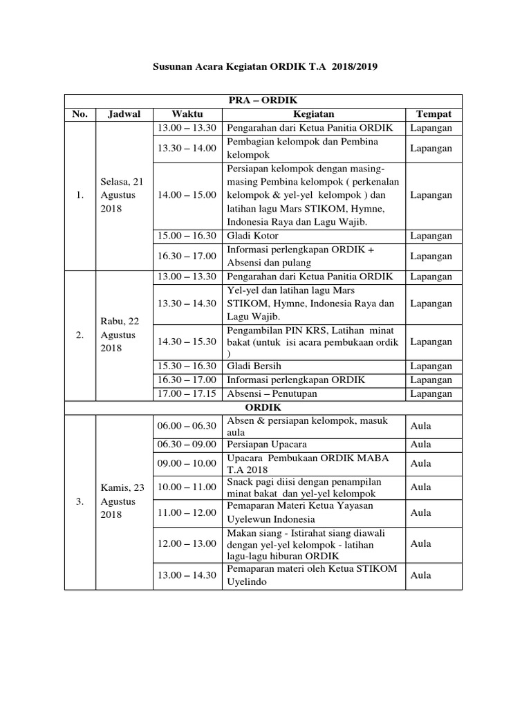 Susunan Acara Kegiatan ORDIK FIX | PDF