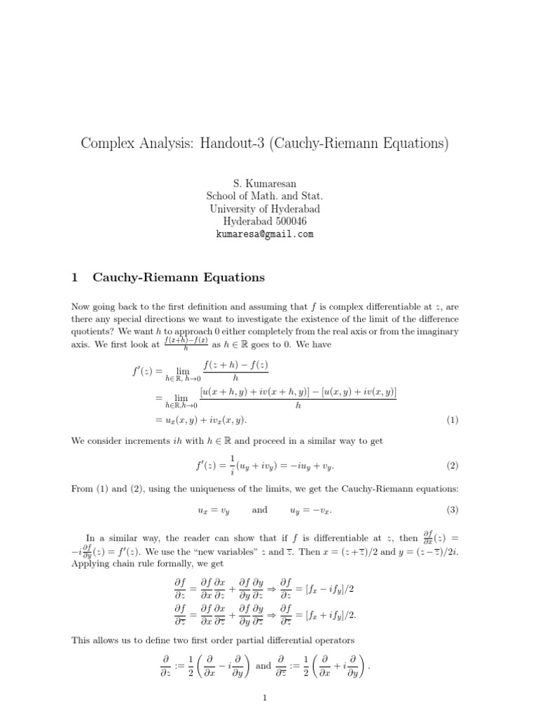 Complex Analysis: Handout-3 (Cauchy-Riemann Equations) | PDF | Basis ...
