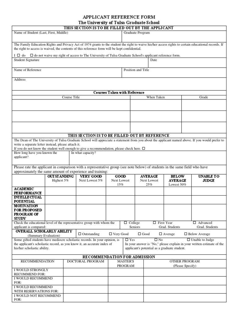 Applicant Reference Form The University of Tulsa Graduate School ...