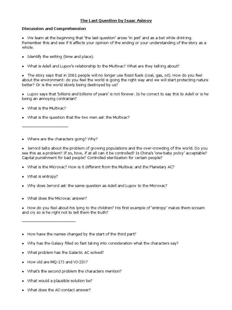 The Last Question by Isaac Asimov - Activities | PDF | Nature