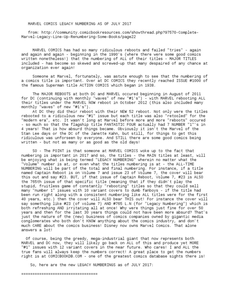 ! MARVEL Comics Legacy Numbering! | PDF | Comics Publications | Marvel ...