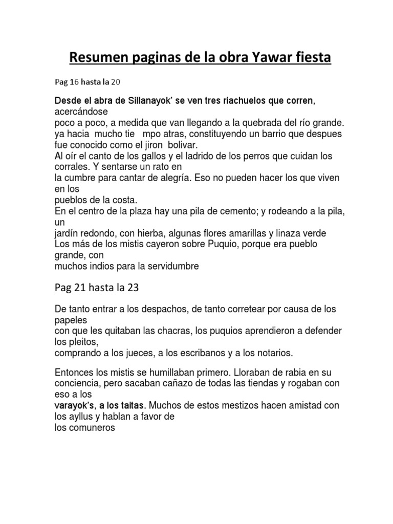 Resumen Paginas de La Obra Yawar Fiesta | PDF | Naturaleza Resumen Paginas de La Obra Yawar Fiesta | PDF | Naturaleza