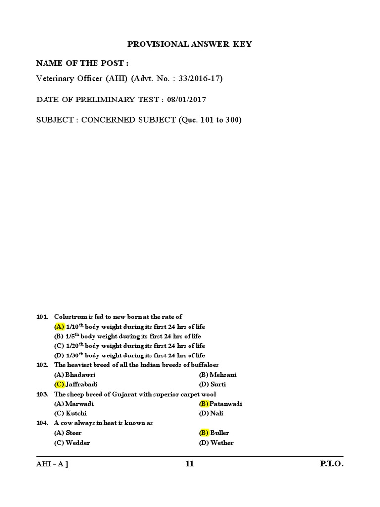 Previous Papers GPSC Veterinary Officer AHI Advt. No. 33 2016 17 Date ...