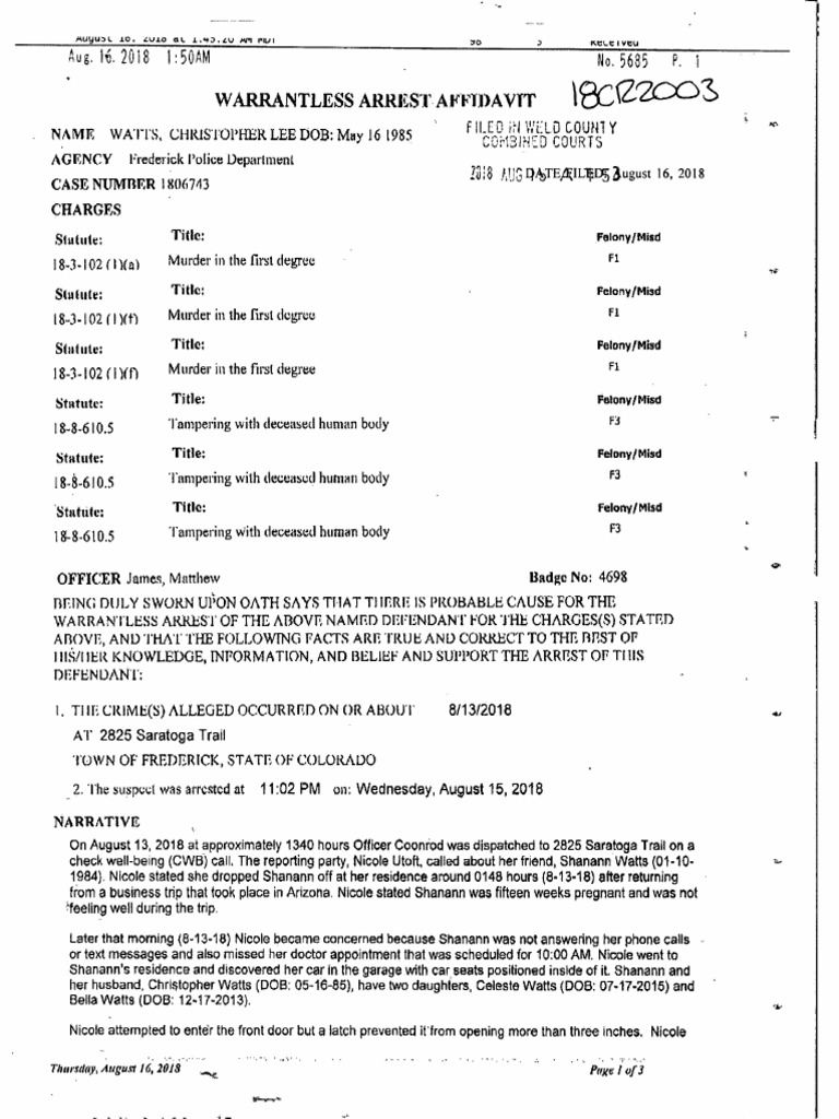 Warrantless arrest affidavit in Chris Watts case