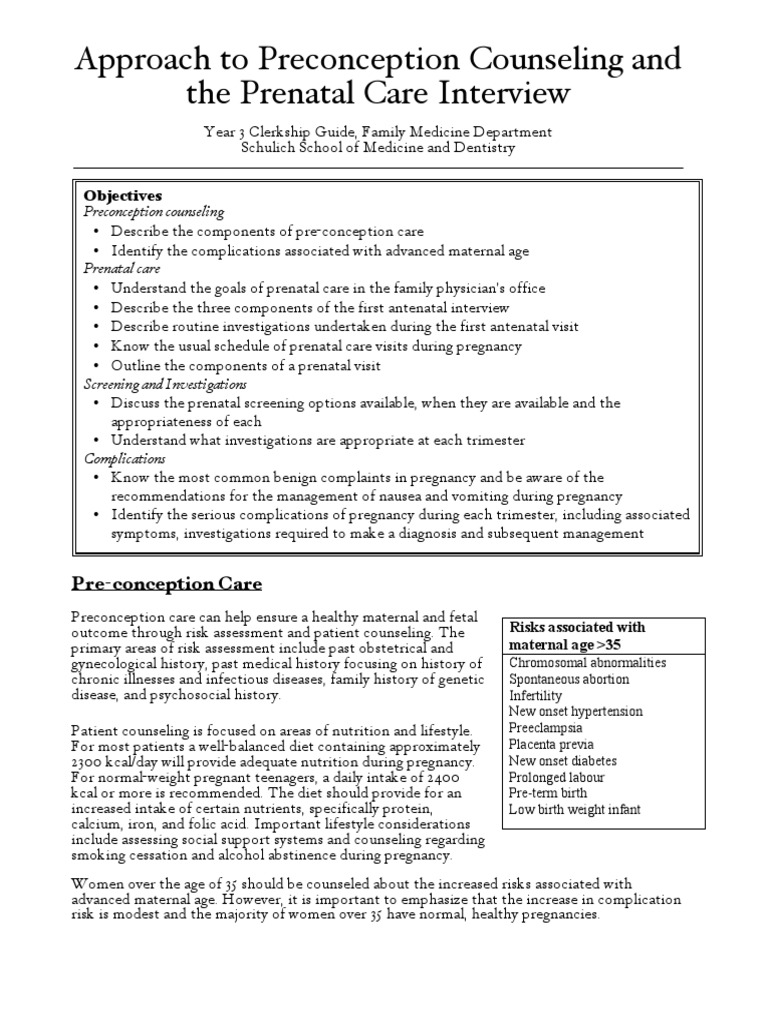 Approach To Preconception Counseling and The Prenatal Care Interview ...