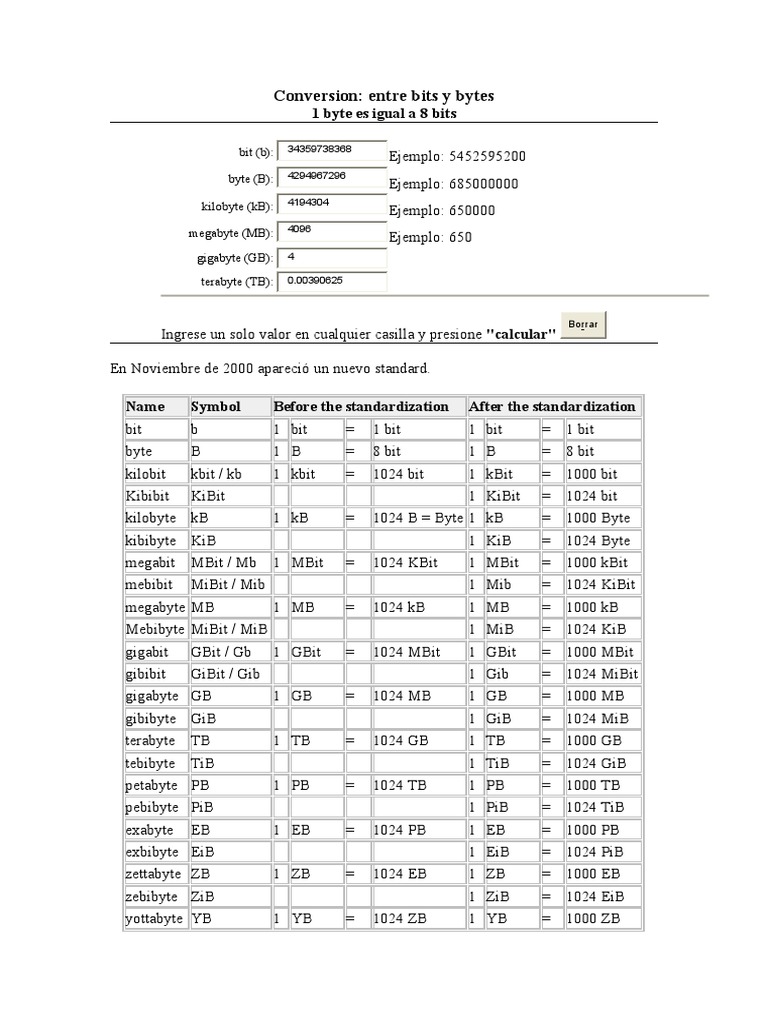 Conversion de Bits A Bytes, MB, GB | PDF | Byte | Units Of Measurement