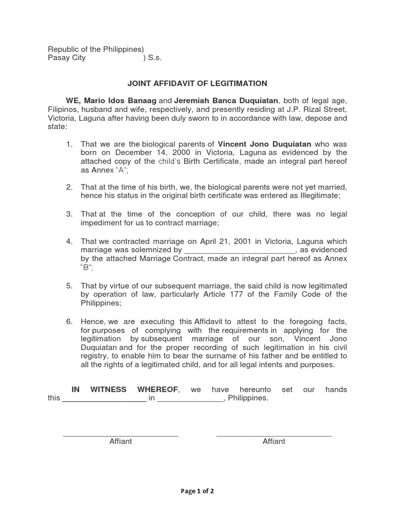 Legitimation | Affidavit | Marriage