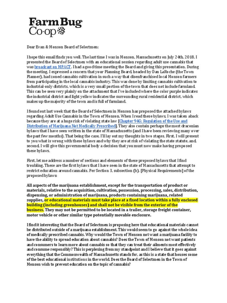Letter To The Monson Board of Selectmen (Farm Bug Co-Op) | PDF ...