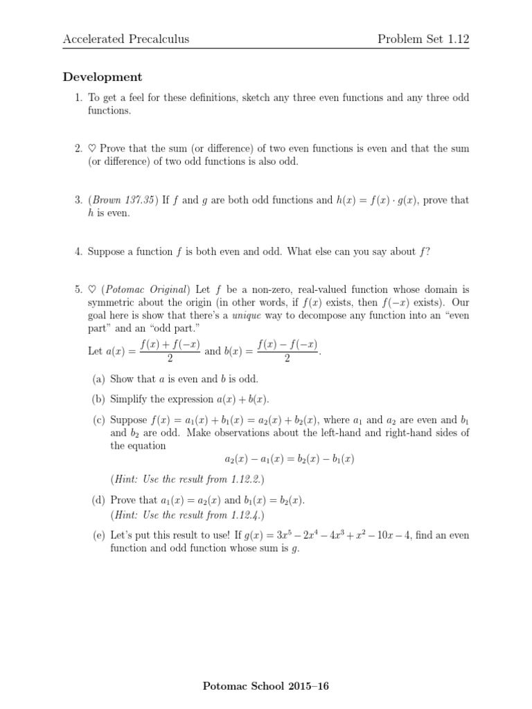 Accelerated Precalculus Problem Set 1.12 | PDF | Function (Mathematics ...