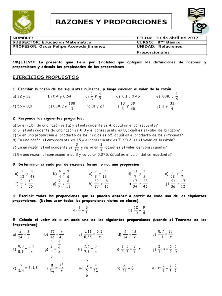 Hojas De Trabajo De Proporciones Y Razones 56 49 = 8 Z