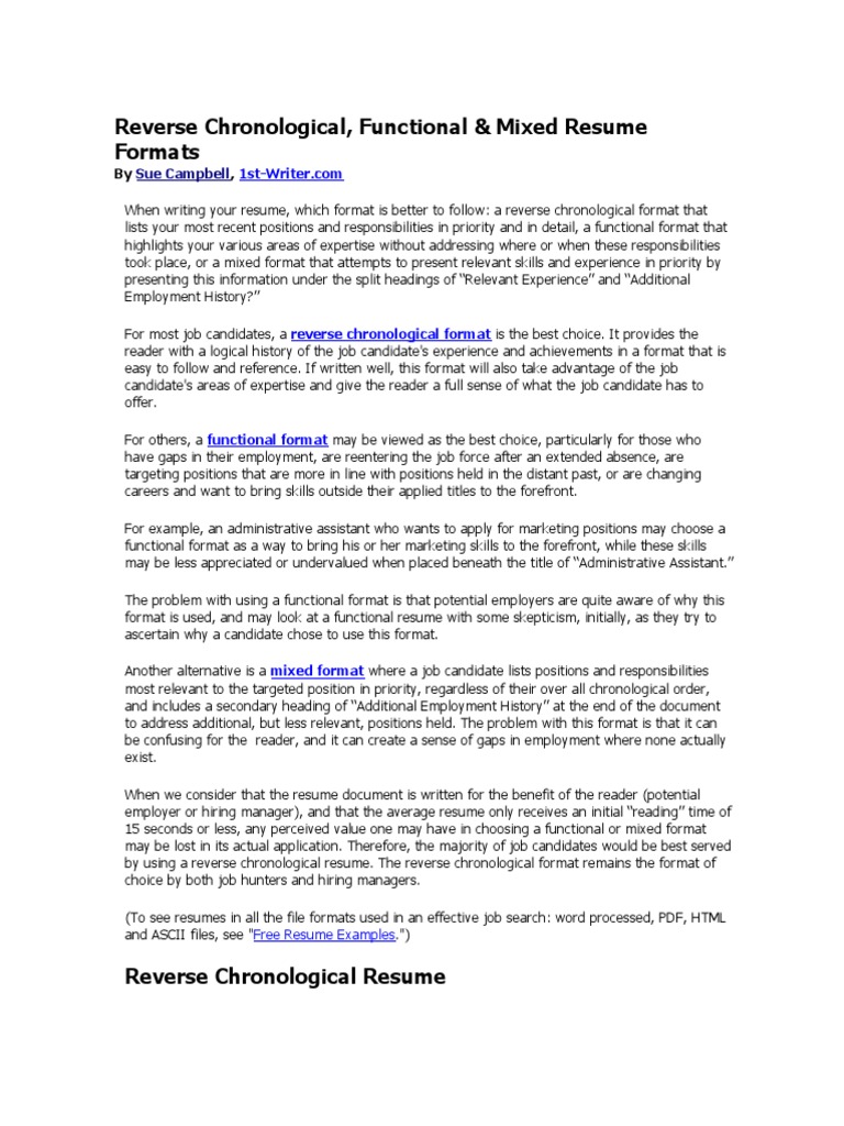 Reverse Chronological, Functional & Mixed Resume Formats: Sue Campbell ...