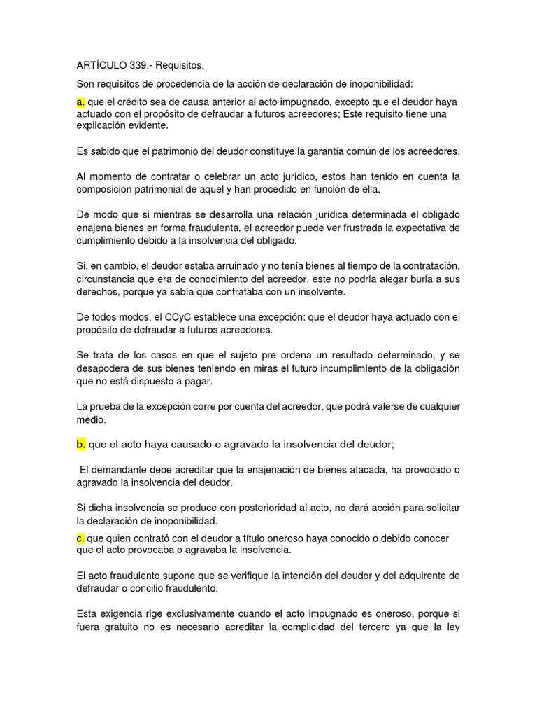 Requisitos y presunciones de la acción de declaración de inoponibilidad ...