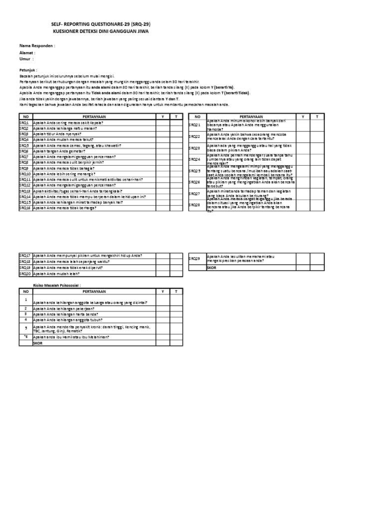 Self Reporting Questionare-29 (SRQ-29) | PDF
