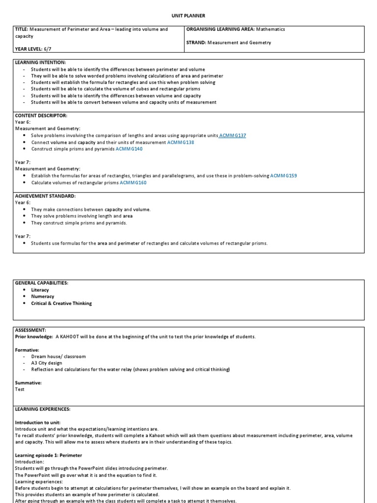 Math Unit: Perimeter, Area, Volume | PDF | Area | Volume