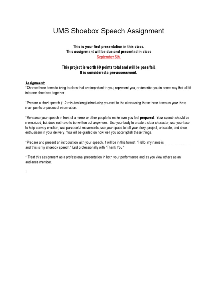 UMS Shoebox Speech Assignment Guide | PDF | Actor | Emotions