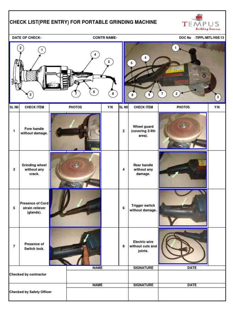 Check List (Pre Entry) For Portable Grinding Machine: Doc No:Tippl/Mitl ...