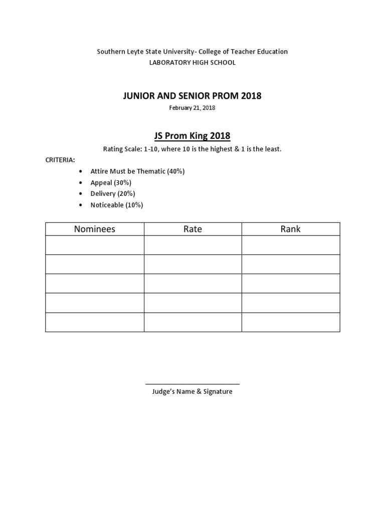 Junior and Senior Prom 2018: Nominees Rate Rank | PDF | Prom | Schools