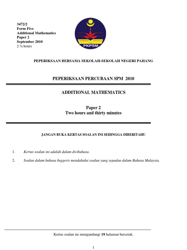 SPM Pahang Addmath P2 2010 | PDF