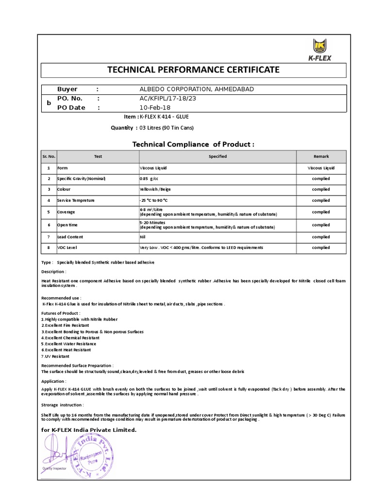 Technical Performance Certificate: Technical Compliance of Product ...