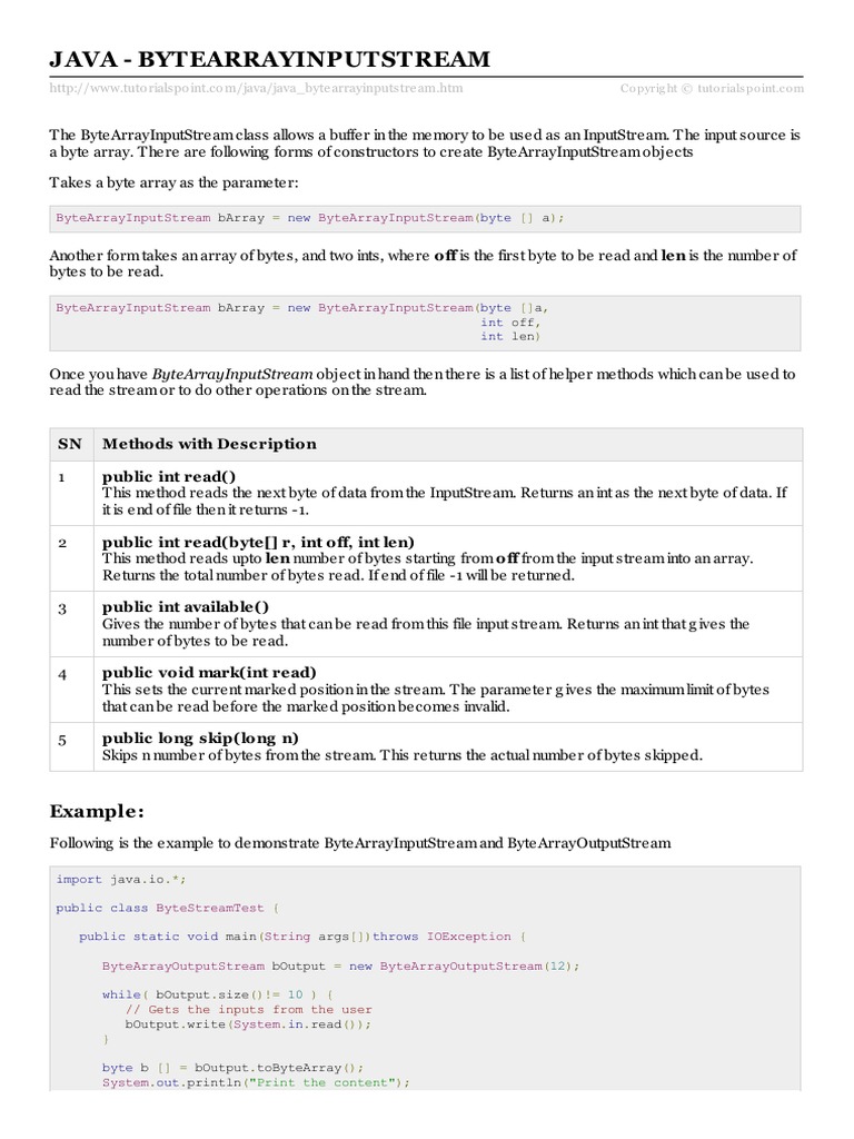 Java Bytearrayinputstream Sn Methods With Desc Ription Public Int 6781