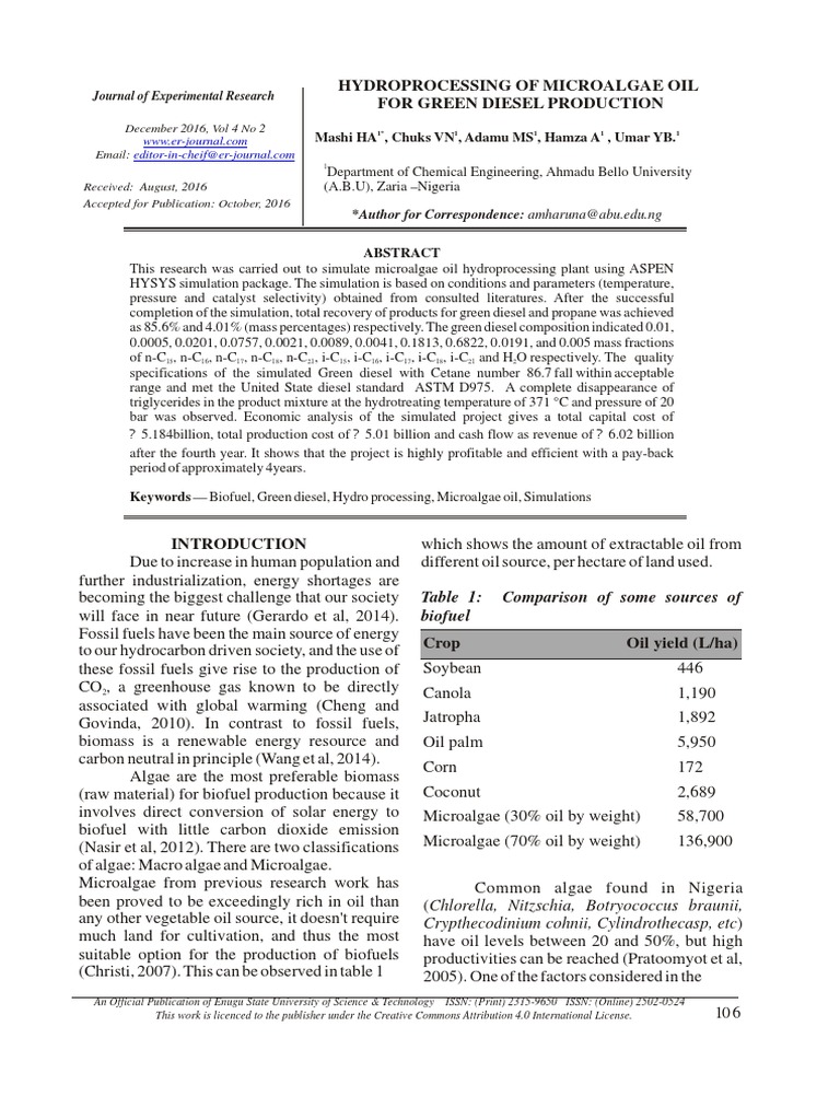 Hydroprocessing of Microalgae Oil For Green Diesel Production | PDF ...