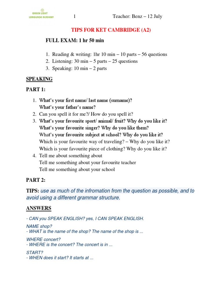 Tips For Ket Cambridge | PDF